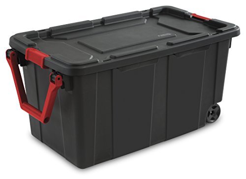 Astede 40 Gallon/151 Liter Wheeled Industrial Tote Black Lid And Base W/ Racer Red Handle And Latches 2-pack