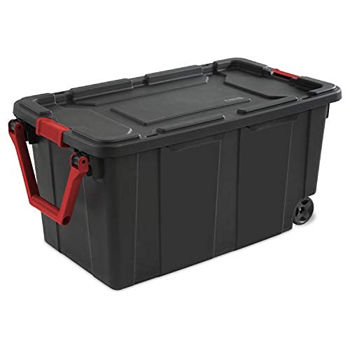 Astede 40 Gallon/151 Liter Wheeled Industrial Tote Black Lid And Base W/ Racer Red Handle And Latches 2-pack