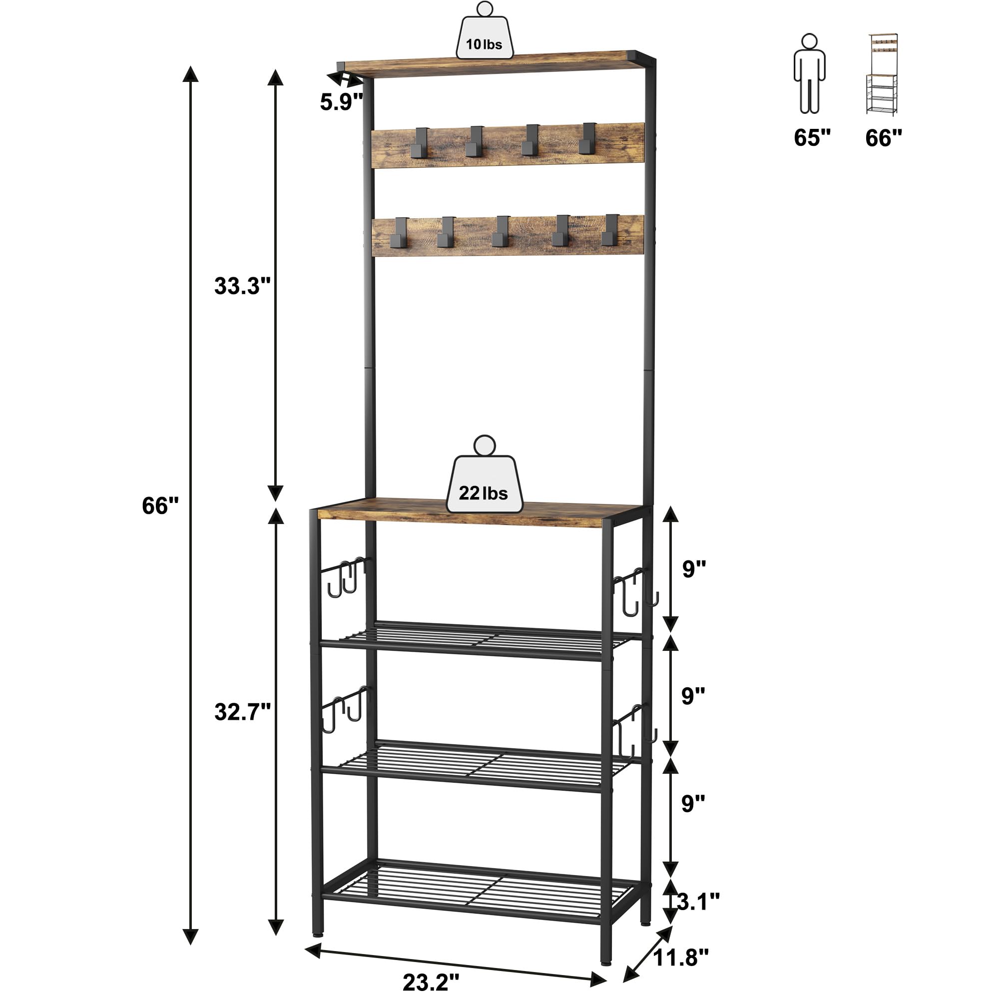 HOMEFORT Coat Rack with Shoe Storage, 5-Tier Shoe and Coat Rack with 9 Clothes Hooks, Freestanding Hall Tree Organizer for Entryway, Bedroom, Rustic Brown