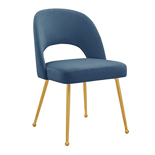 Iconic Home Welburn Dining Side Chair Velvet Upholstered Open Back Design Gold Plated Solid Metal Legs (Set of 2) Modern Contemporary, Blue