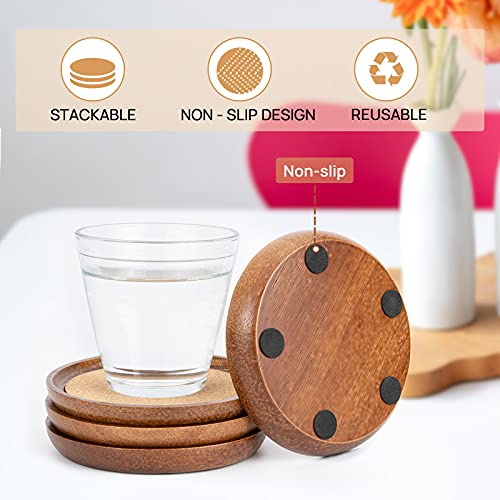 Wooden Drink Coasters,4 Cup Coasters for Drinks Absorbent Cork Coasters Set,Large Natural Wood Stackable Reusable Coasters for Home Office Coffee Bar Table,Rustic Gifts for New Home Friends (4 Pack)