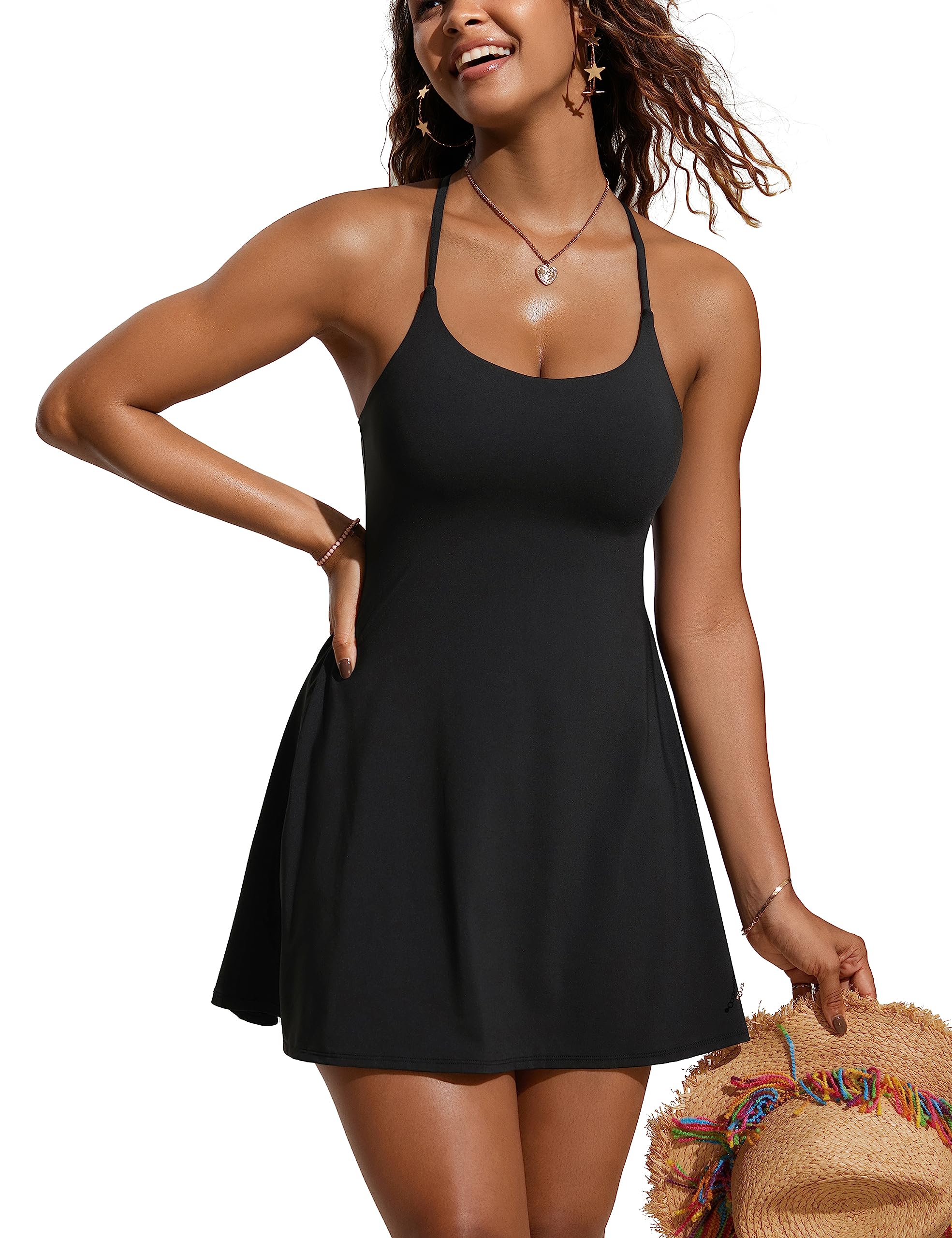 CRZ YOGA Womens One Piece Swimsuits Modest Swim Dress Tummy Control Adjustable Y-Back Straps Athletic Bathing Suit Swimwear Black X-Large