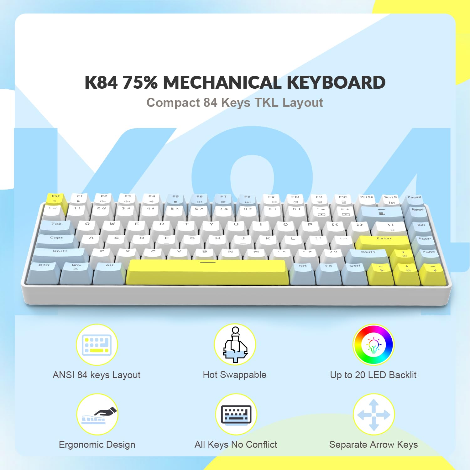 ZIYOU LANG RK-K84 Wired 75% Mechanical Gaming Keyboard Hot Swappable with Rainbow LED Backlit Anti-ghosting TKL 84 Key Custom Coiled C to A Cable Linear Red Switch for PS4 PS5 Xbox PC Mac Gamer(Lemon)