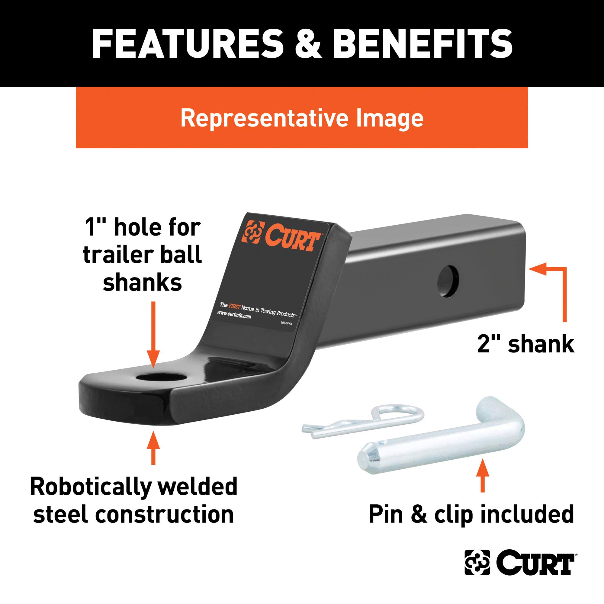 CURT 45052 Class 3 Trailer Hitch Ball Mount and Pin, Fits 2-Inch Receiver, 7,500 lbs, 1-Inch Hole, 4-Inch Drop, 2-In Rise