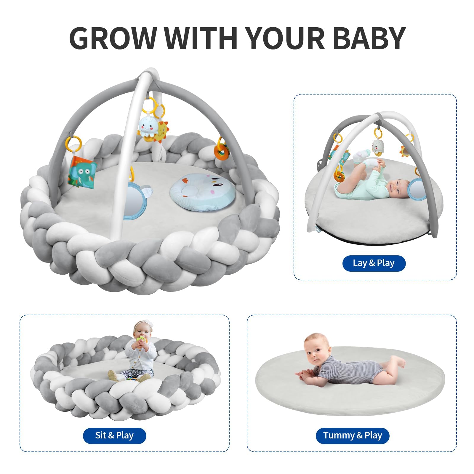 Yacul Baby Play Gym Mat, Thick Soft Baby Gym Tummy Time Activity Mat with Detachable Toys, Stage-Based Developmental Activity Gym & Play Mat for Baby to Toddler