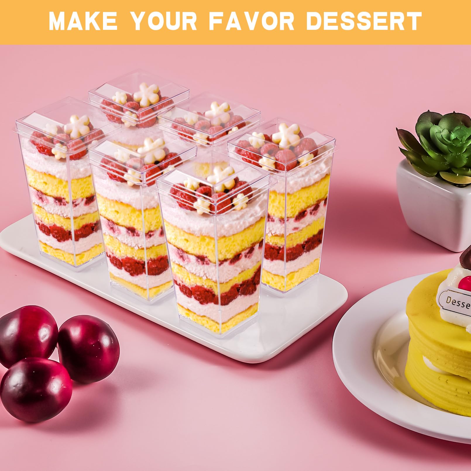 Vetory 50 Pack 3 oz Mini Dessert Cups,Plastic Dessert Cups with Lids and Spoons,Tall Square Clear Parfait Cups Appetizer Cups,Great for Tasting Party Desserts Appetizers Puddings Mousse