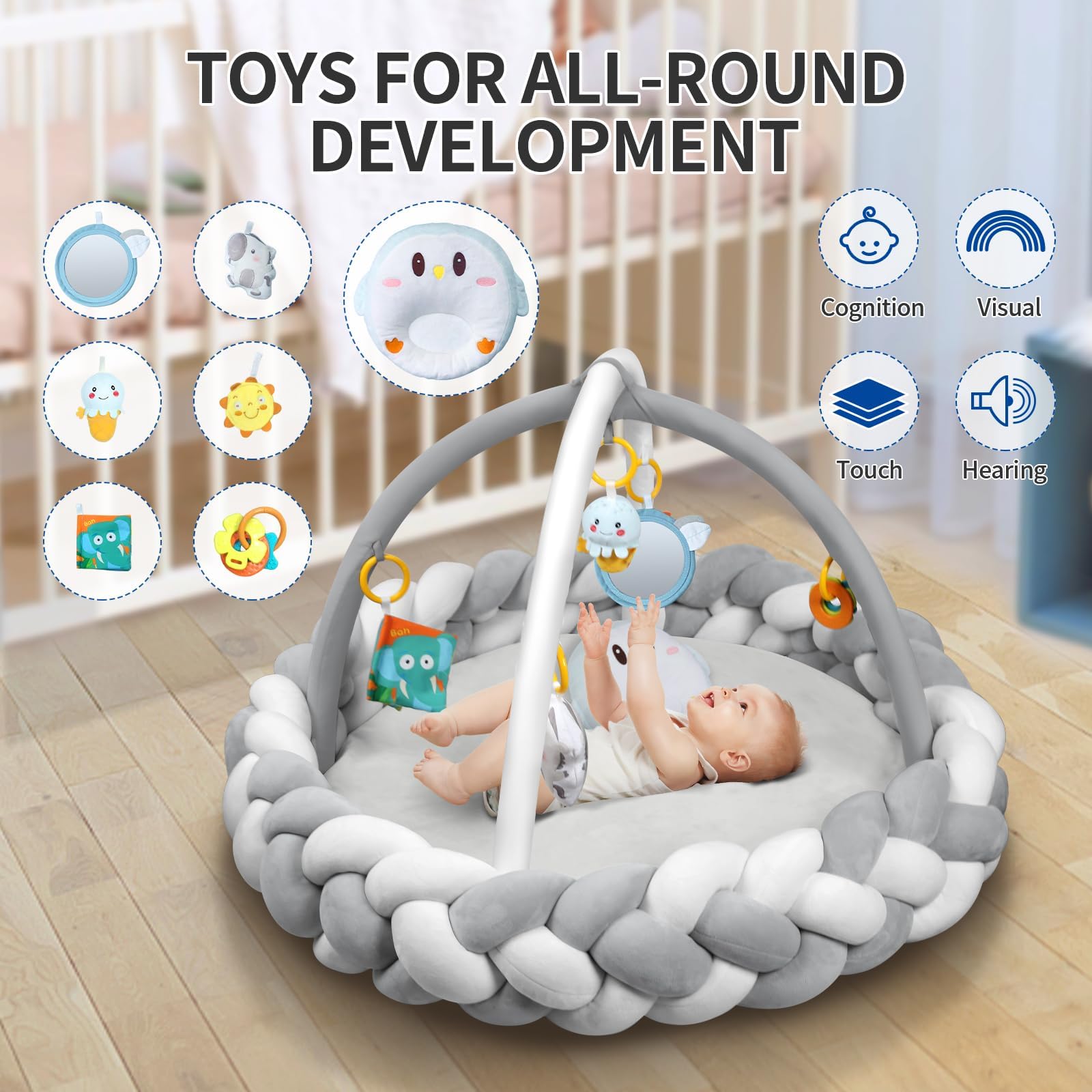 Yacul Baby Play Gym Mat, Thick Soft Baby Gym Tummy Time Activity Mat with Detachable Toys, Stage-Based Developmental Activity Gym & Play Mat for Baby to Toddler