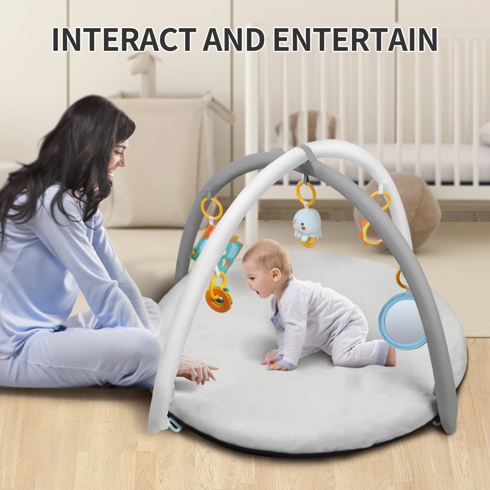 Yacul Baby Play Gym Mat, Thick Soft Baby Gym Tummy Time Activity Mat with Detachable Toys, Stage-Based Developmental Activity Gym & Play Mat for Baby to Toddler