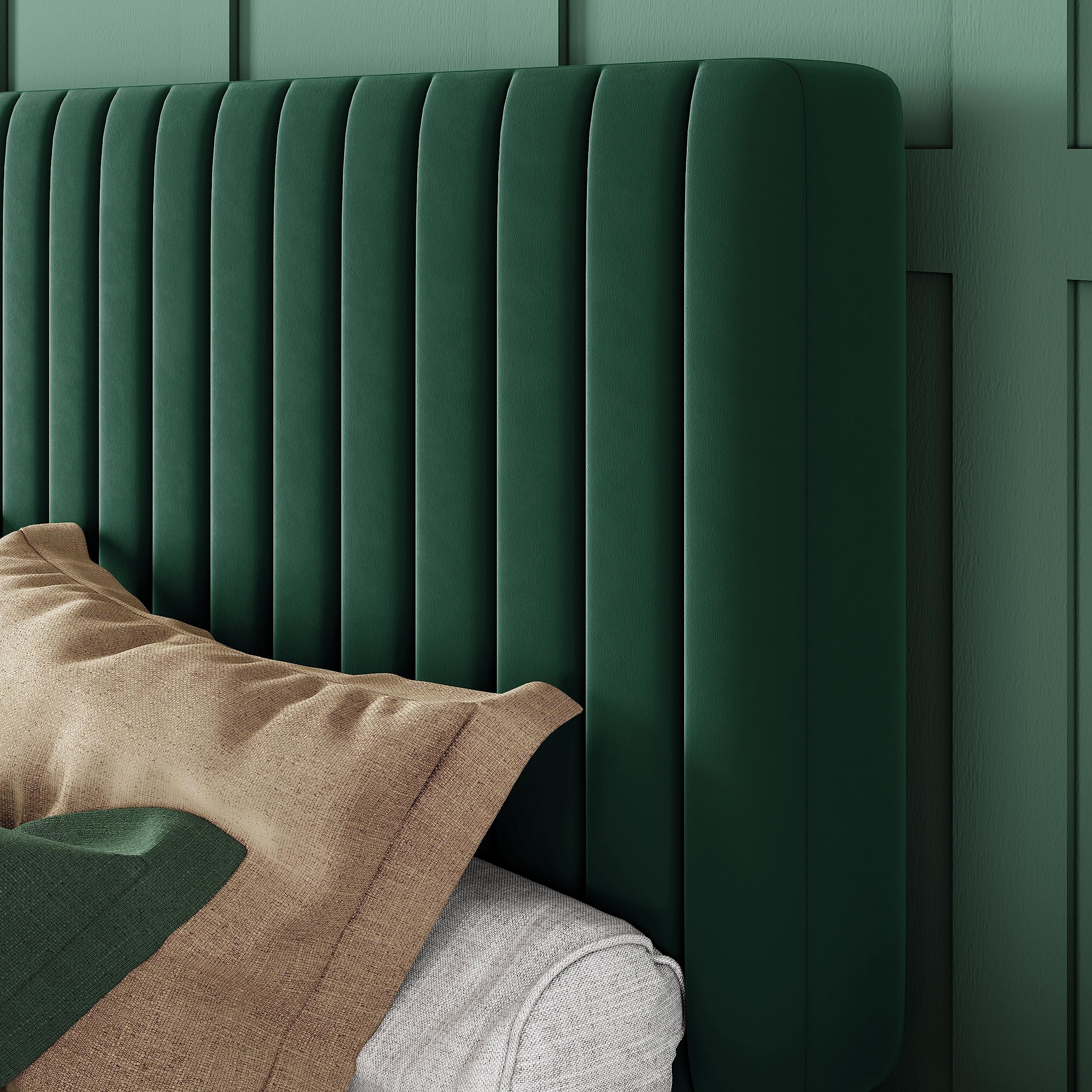 Allewie Queen Bed Frame, Velvet Upholstered Platform Bed with Adjustable Vertical Channel Tufted Headboard, Mattress Foundation with Strong Wooden Slats, Box Spring Optional, Easy Assembly, Green