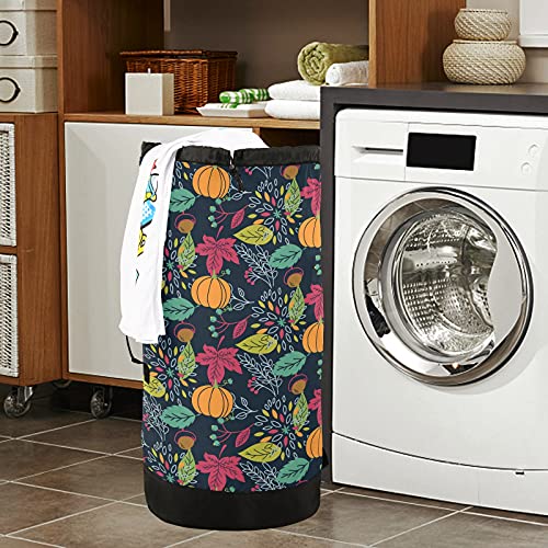 Autumn Fall Leaves Pumpkins Laundry Bag Heavy Duty Laundry Backpack with Shoulder Straps Handles Travel Laundry bag Drawstring Closure Dirty Clothes Organizer For Apartment College Dorm Laundromat