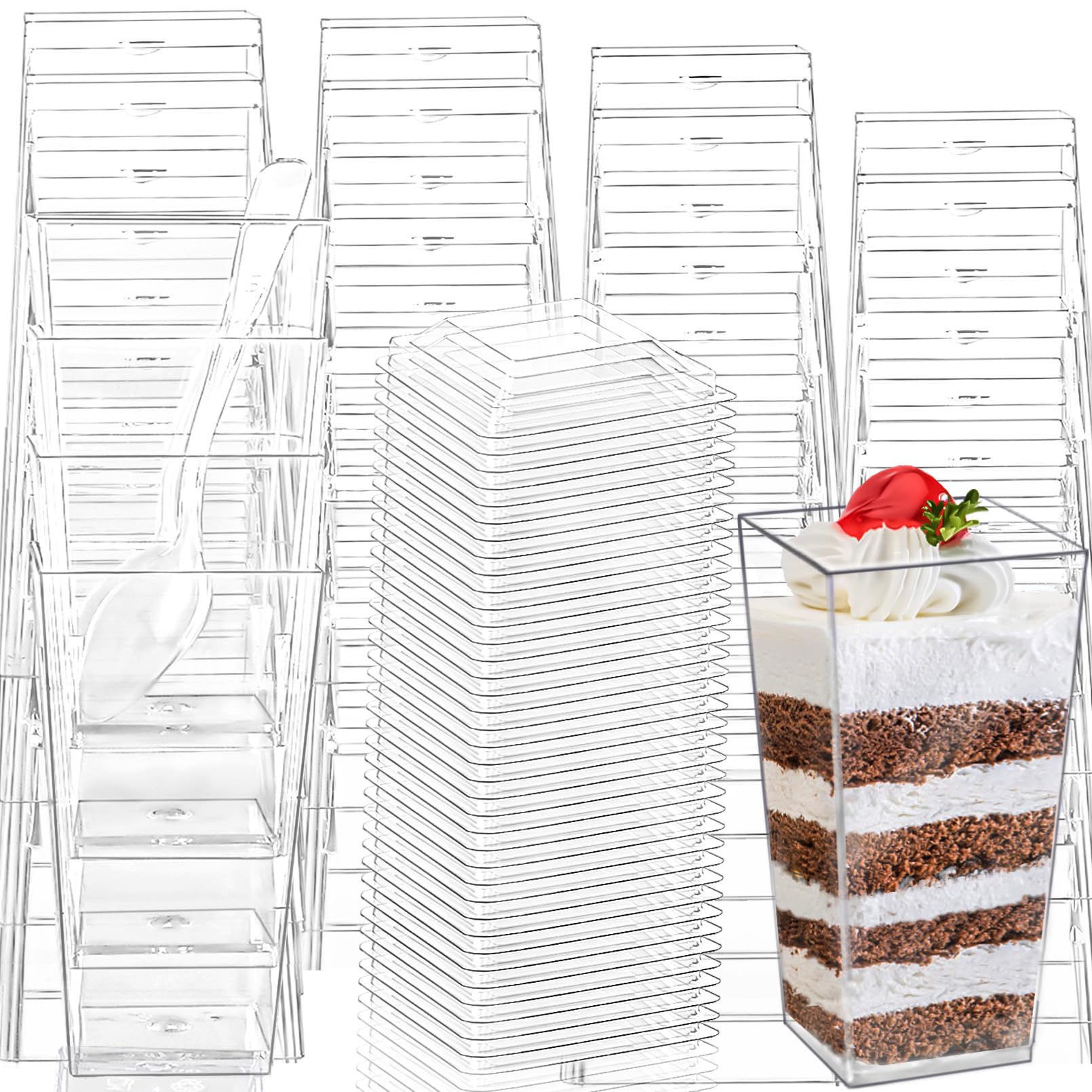Vetory 50 Pack 3 oz Mini Dessert Cups,Plastic Dessert Cups with Lids and Spoons,Tall Square Clear Parfait Cups Appetizer Cups,Great for Tasting Party Desserts Appetizers Puddings Mousse