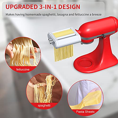 Pasta Maker Attachment for Kitchen Aid Stand Mixer, 3 IN 1 Fettuccine Spaghetti Noodle Cutter and Pasta Roller Set with Cleaning Brush (White)