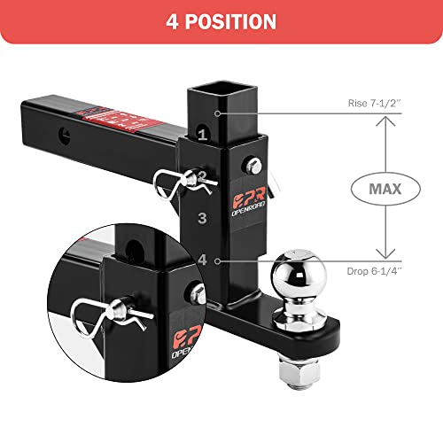OPENROAD Adjustable Trailer Hitch Ball Mount Fits 2-Inch Receiver, 2ββ Ball 6000LBS, 6 1/4" Drop/ 7 1/2" Rise Drop Hitch, Tow Hitch for Heavy Duty Truck with Stainless Steel Pins