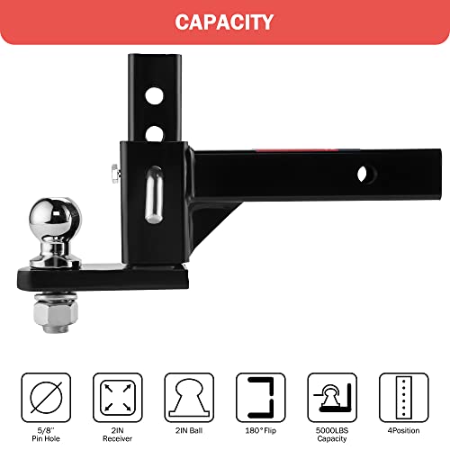 OPENROAD Adjustable Trailer Hitch Ball Mount Fits 2-Inch Receiver, 2ββ Ball 6000LBS, 6 1/4" Drop/ 7 1/2" Rise Drop Hitch, Tow Hitch for Heavy Duty Truck with Stainless Steel Pins