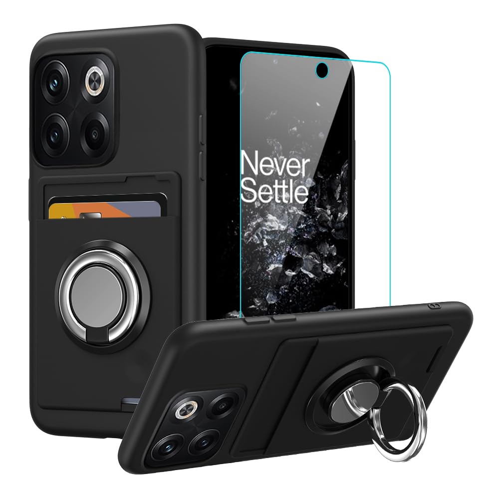 Anneey for Oneplus 10T 5G Phone Case with Tempered Glass Screen Protector, Card Holder with Ring Stand case for 1+ 10T 5G Cover - Black