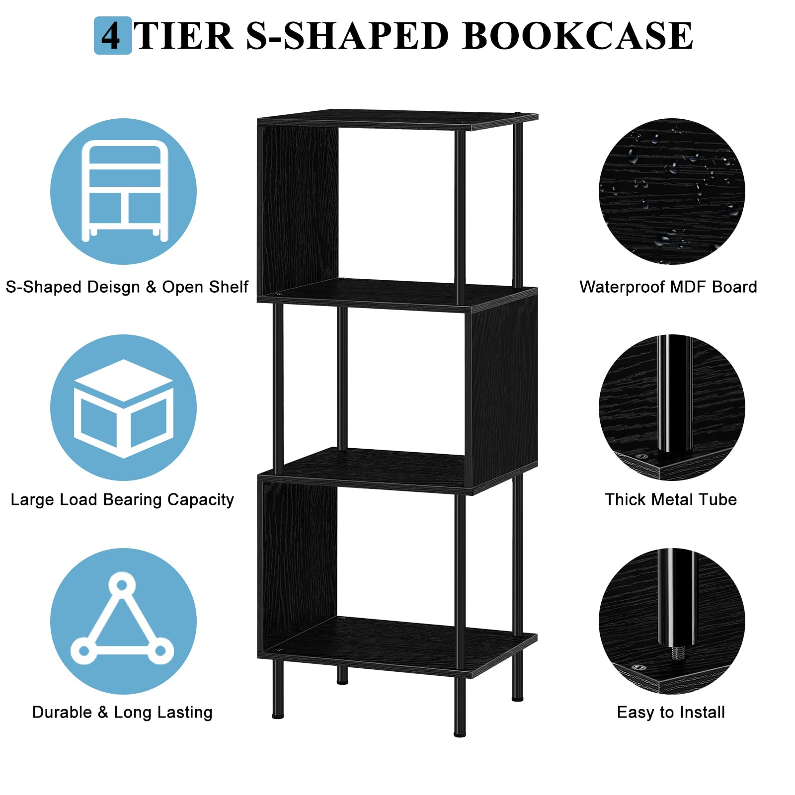 ETELI Small Bookshelf Unique S Shaped 4 Shelf Bookcase Free Standing Industrial Book Storage Shelves for Living Room, Bedroom, and Home Office, Rustic Book Organizer & Metal Frame