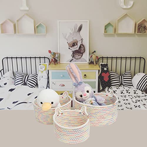 Hizibesty 3 Pack Cotton Rope Storage Baskets Bin Stackable Decorative Woven Basket with Cut Cat Ears Design for Clothes, Toy, Makeup, Books, Towels, Nursery
