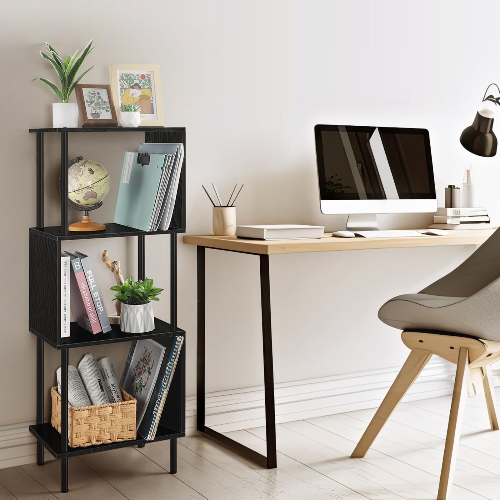 ETELI Small Bookshelf Unique S Shaped 4 Shelf Bookcase Free Standing Industrial Book Storage Shelves for Living Room, Bedroom, and Home Office, Rustic Book Organizer & Metal Frame