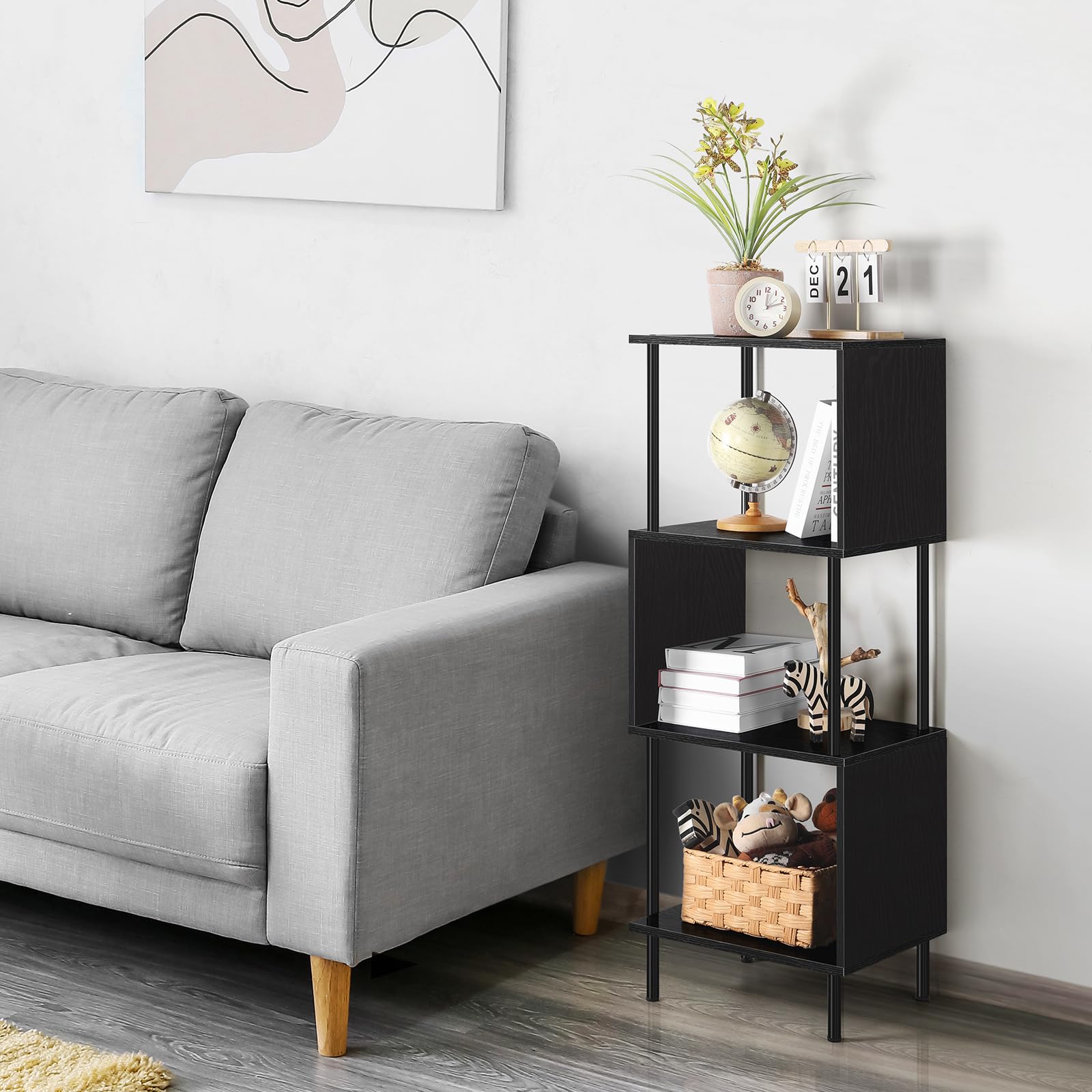 ETELI Small Bookshelf Unique S Shaped 4 Shelf Bookcase Free Standing Industrial Book Storage Shelves for Living Room, Bedroom, and Home Office, Rustic Book Organizer & Metal Frame