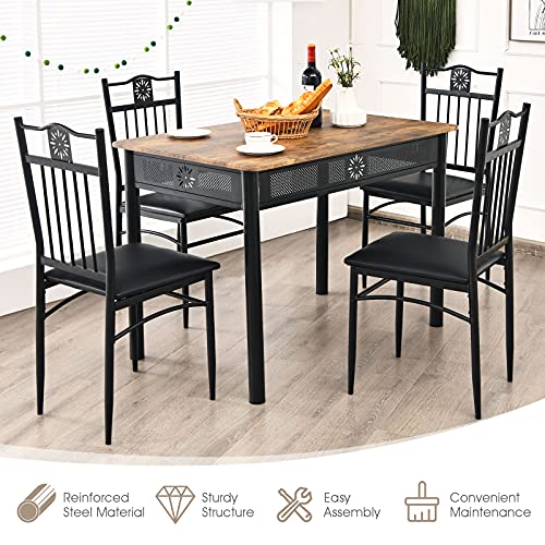 Tangkula 5 Pieces Dining Table and Chairs Set, Vintage Retro Wood Top Metal Frame Padded Seat Dining Table Set Home Kitchen Dining Room Furniture