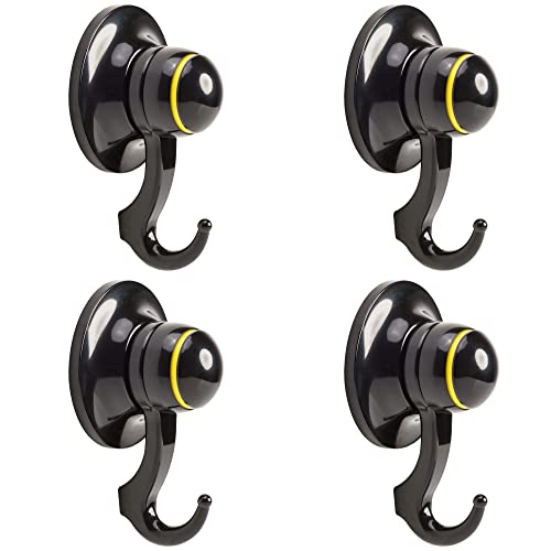 KiahLoc Patented Yellow Ring Indicator Suction Cup Hooks, Kitchen Hooks Removable Wall Vacuum Holder for Smooth Tile, Glass and Mirror( 4 Pack) (#56 (6.6 LB), Black)