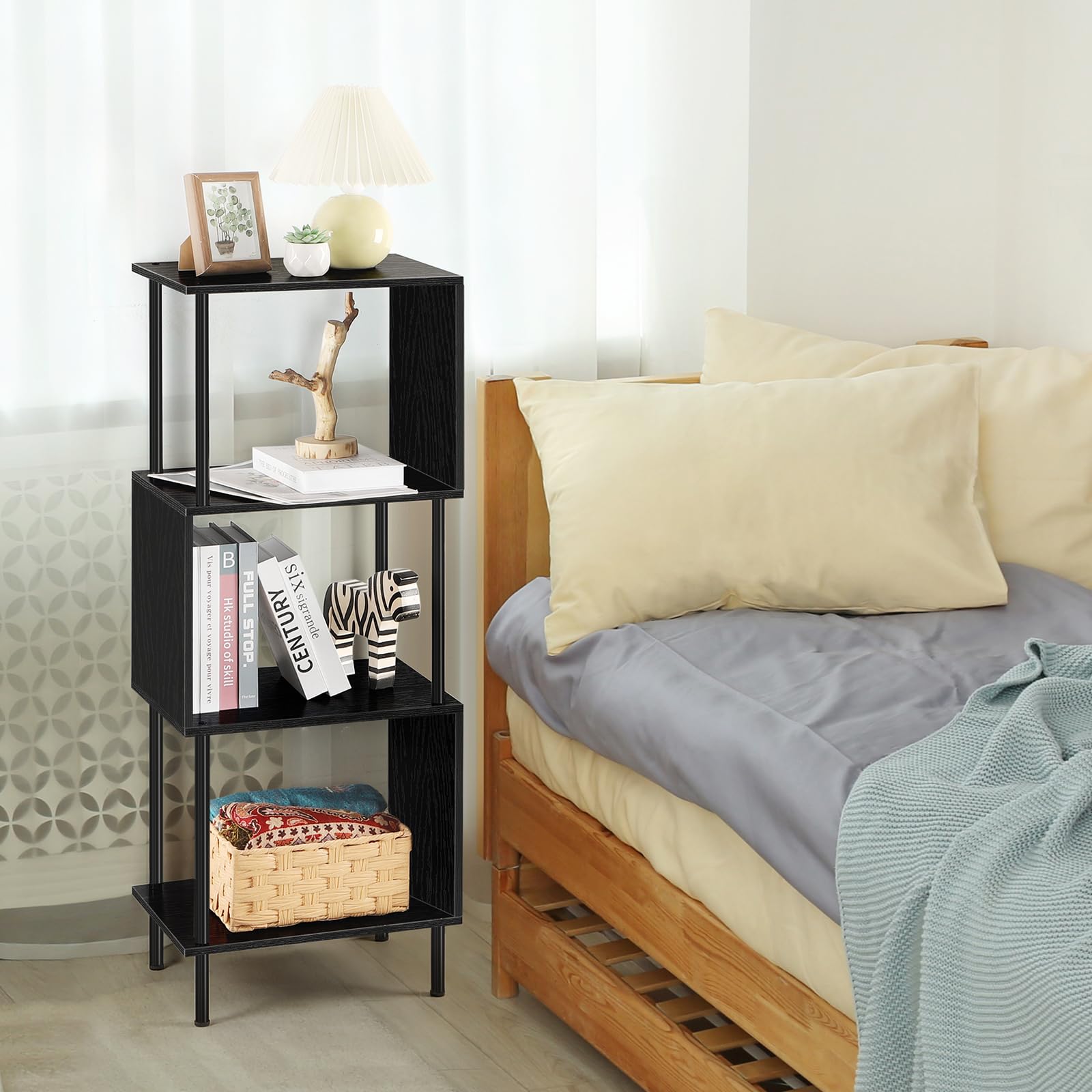 ETELI Small Bookshelf Unique S Shaped 4 Shelf Bookcase Free Standing Industrial Book Storage Shelves for Living Room, Bedroom, and Home Office, Rustic Book Organizer & Metal Frame