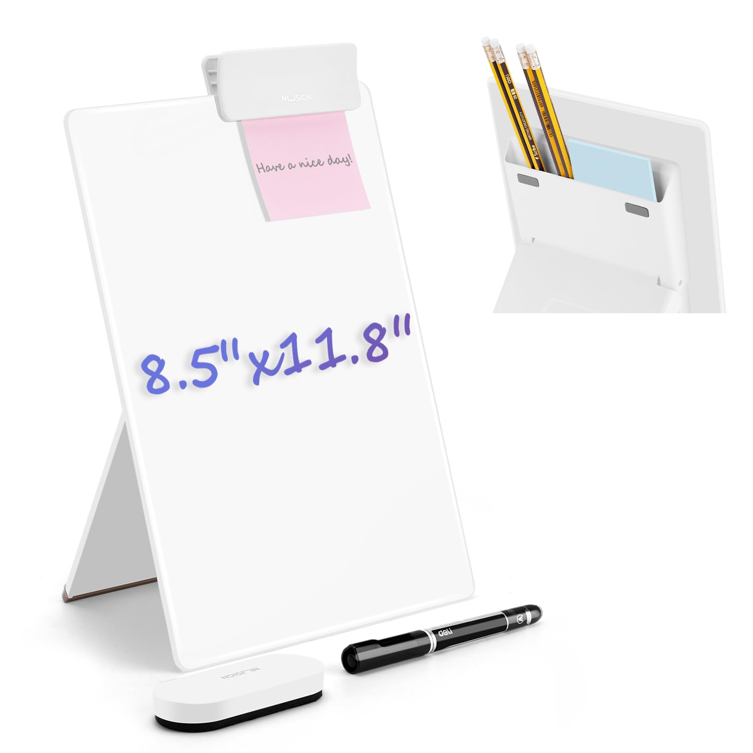 NUSIGN Glass Desktop Whiteboard with Reversable Stand, 8.5āāx11.8'' Tabletop Small Portable Dry Erase White Board Easel with Storage Design for Home Office and School Supplies