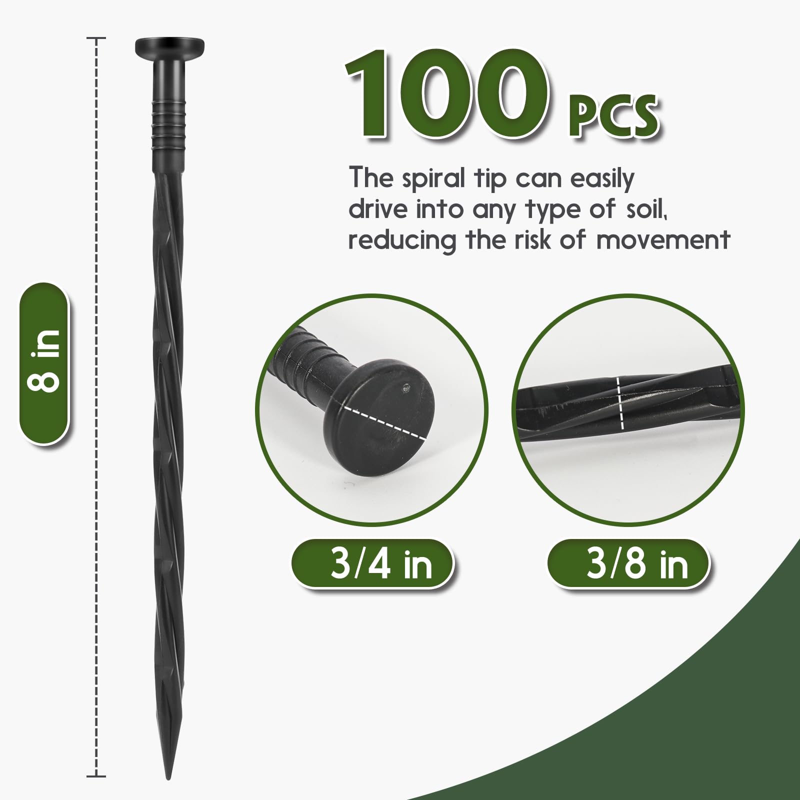 Garaook Landscape Edging Stakes, 100 Pcs 8" Plastic Garden Spikes, Spiral Nylon Anchoring Spikes for Paver Edging, Weed Barriers, Artificial Turf, Tent, Grass Pathway and More, Black