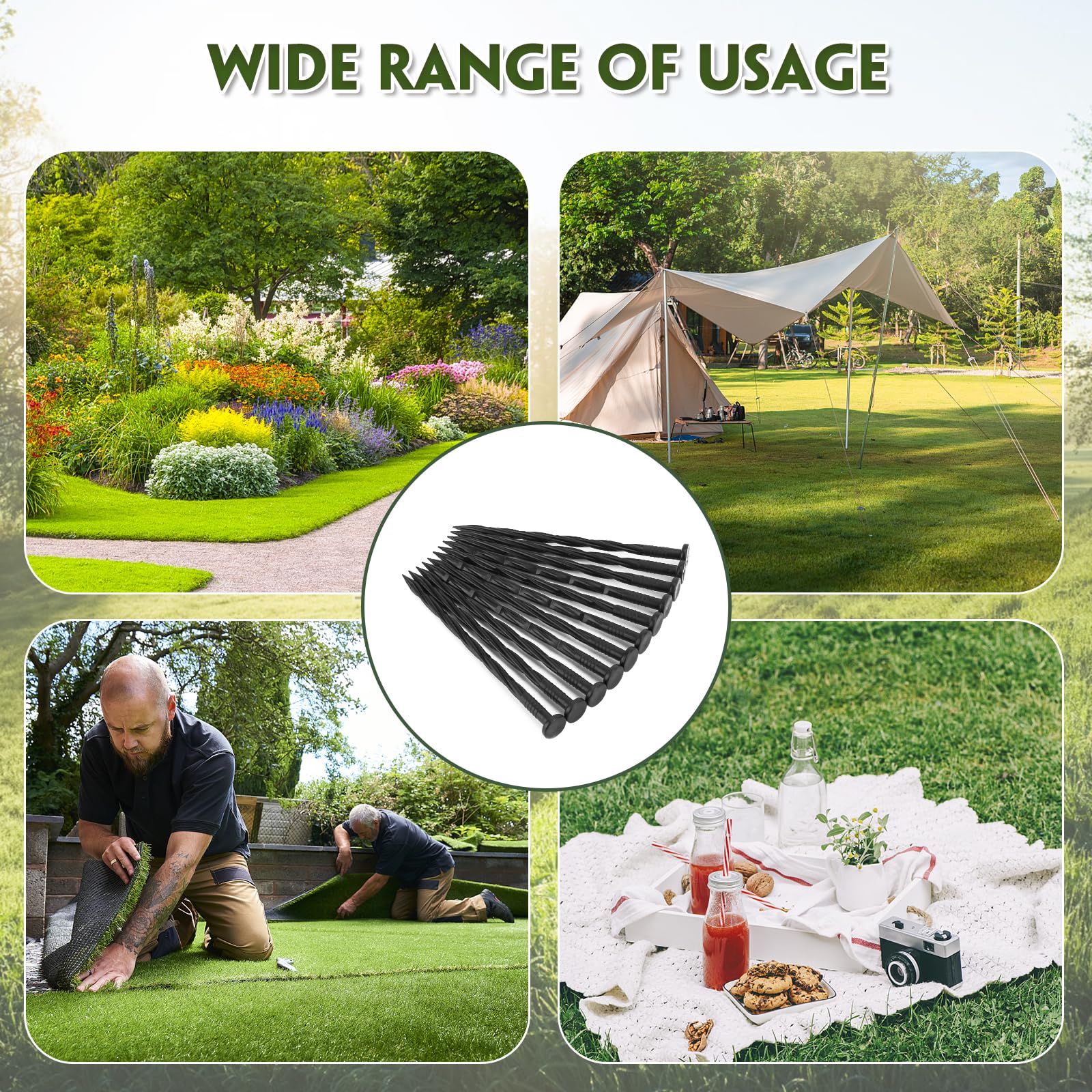 Garaook Landscape Edging Stakes, 100 Pcs 8" Plastic Garden Spikes, Spiral Nylon Anchoring Spikes for Paver Edging, Weed Barriers, Artificial Turf, Tent, Grass Pathway and More, Black