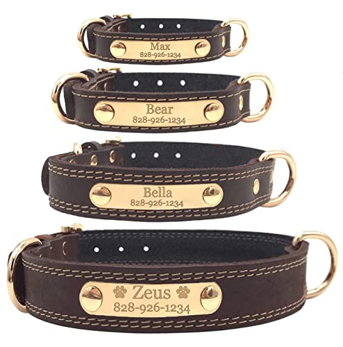 Personalized Dog Collar - Engraved Vegan Soft Leather - Custom Small Medium or Large Size with Name Plate (Large, Brown)