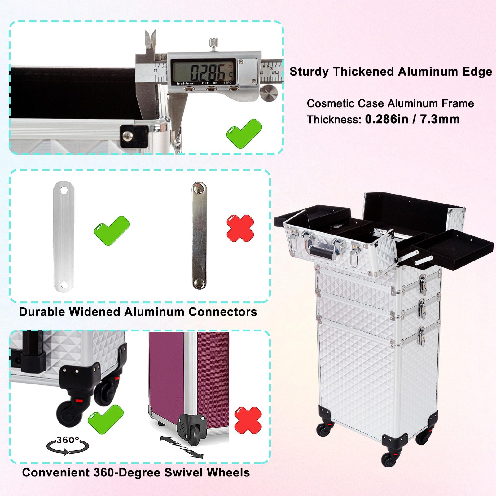 AROUS Rolling Makeup Train Case Large Storage Cosmetic Trolley 4 in 1 Large Capacity Trolley Makeup Travel Case with Key Swivel Wheels Salon Barber Case Traveling Cart Trunk, Silver