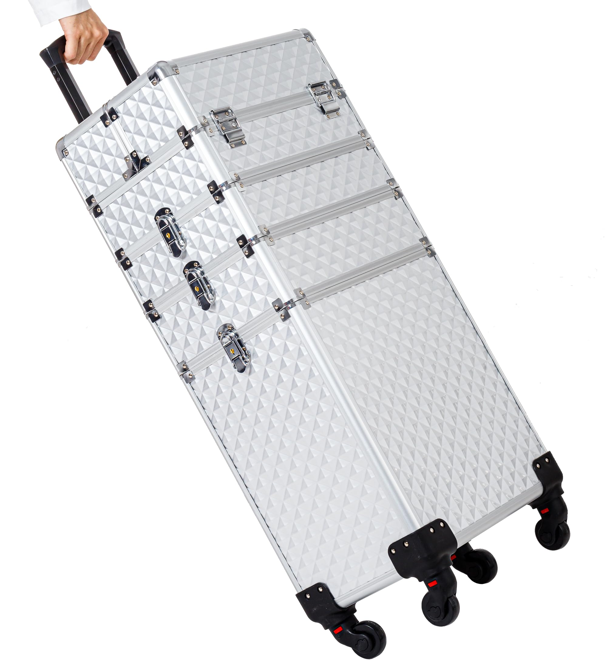 AROUS Rolling Makeup Train Case Large Storage Cosmetic Trolley 4 in 1 Large Capacity Trolley Makeup Travel Case with Key Swivel Wheels Salon Barber Case Traveling Cart Trunk, Silver