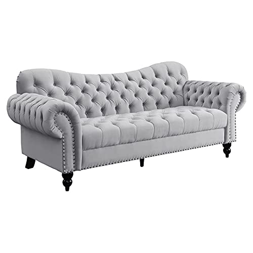 Pemberly Row 18.5" Traditional Velvet Fabric Sofa with Nail Head in Light Gray