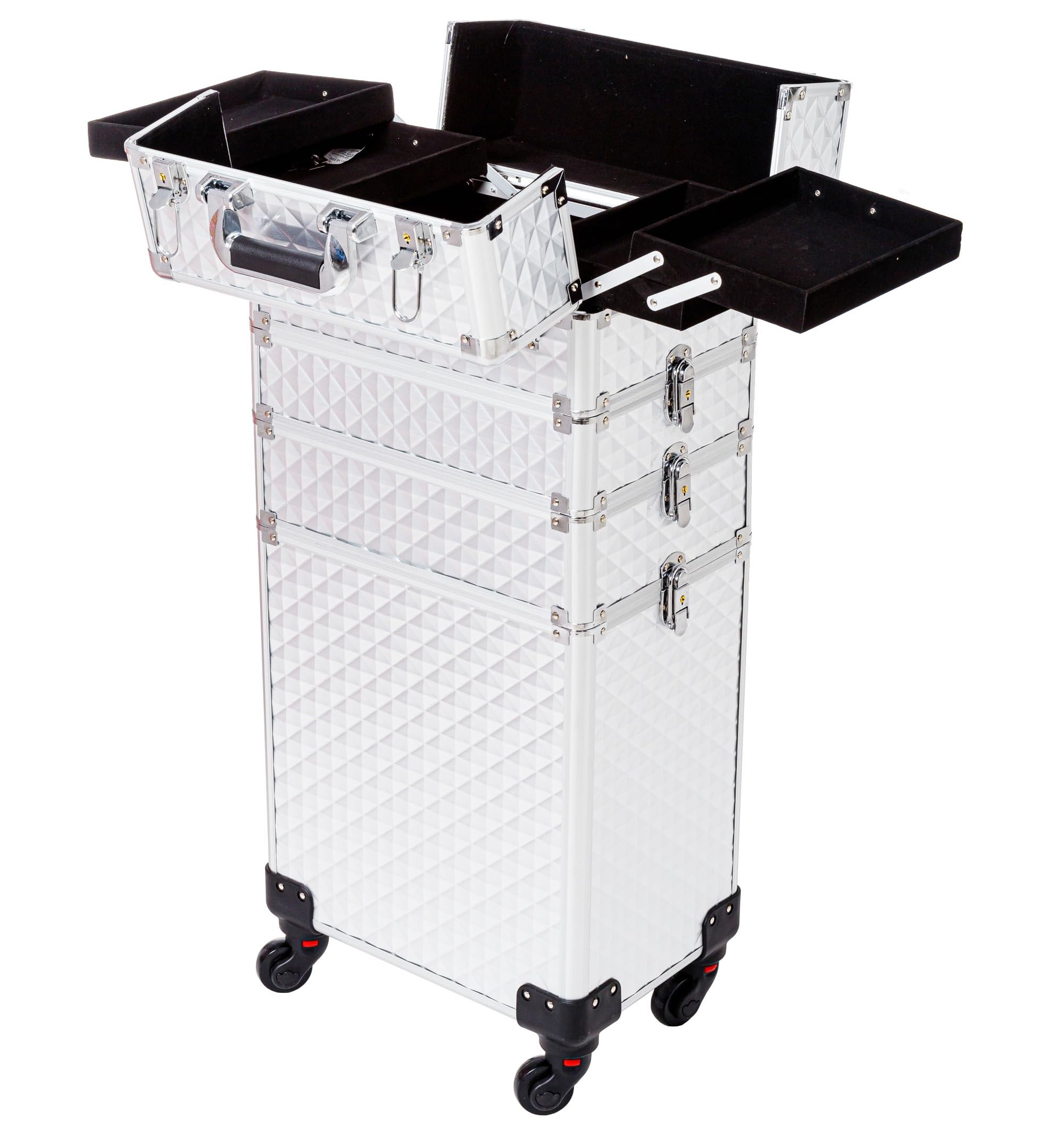 AROUS Rolling Makeup Train Case Large Storage Cosmetic Trolley 4 in 1 Large Capacity Trolley Makeup Travel Case with Key Swivel Wheels Salon Barber Case Traveling Cart Trunk, Silver