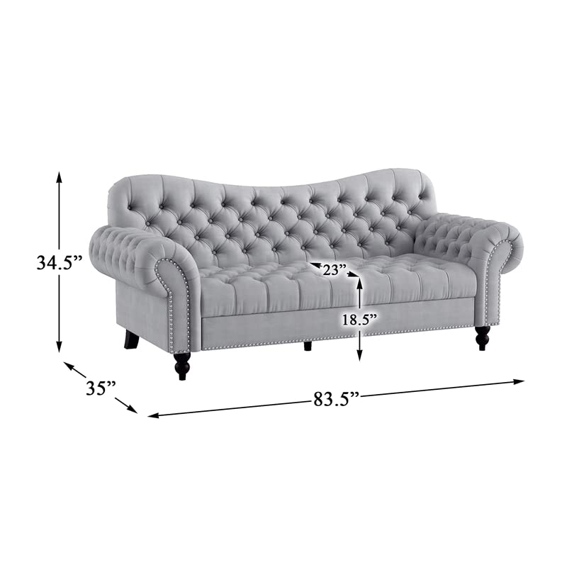 Pemberly Row 18.5" Traditional Velvet Fabric Sofa with Nail Head in Light Gray