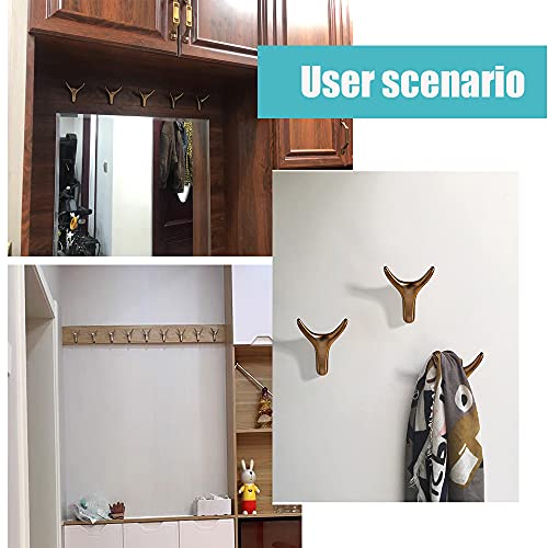 Exxacttorch 2 Pack Bull Horn Wall Mounted Hat Towel Bag Hanger, Traceless Decorative Art Coat Hooks, Solid Zinc Alloy Wall Hooks Double Prong Holder for Keys, Umbrella, Matte Brass