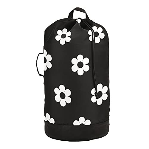 xigua Cute White Daisy Flowers Laundry Bag Drawstring Closure Waterproof Durable Backpack Storage Basket Organization Dirty Clothes Bag Laundry Hamper with Shoulder Straps