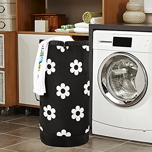 xigua Cute White Daisy Flowers Laundry Bag Drawstring Closure Waterproof Durable Backpack Storage Basket Organization Dirty Clothes Bag Laundry Hamper with Shoulder Straps