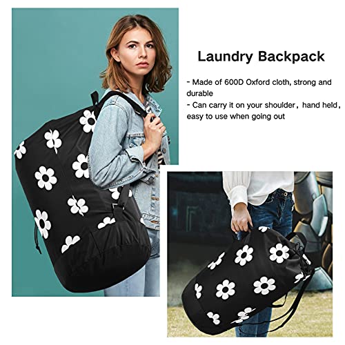 xigua Cute White Daisy Flowers Laundry Bag Drawstring Closure Waterproof Durable Backpack Storage Basket Organization Dirty Clothes Bag Laundry Hamper with Shoulder Straps