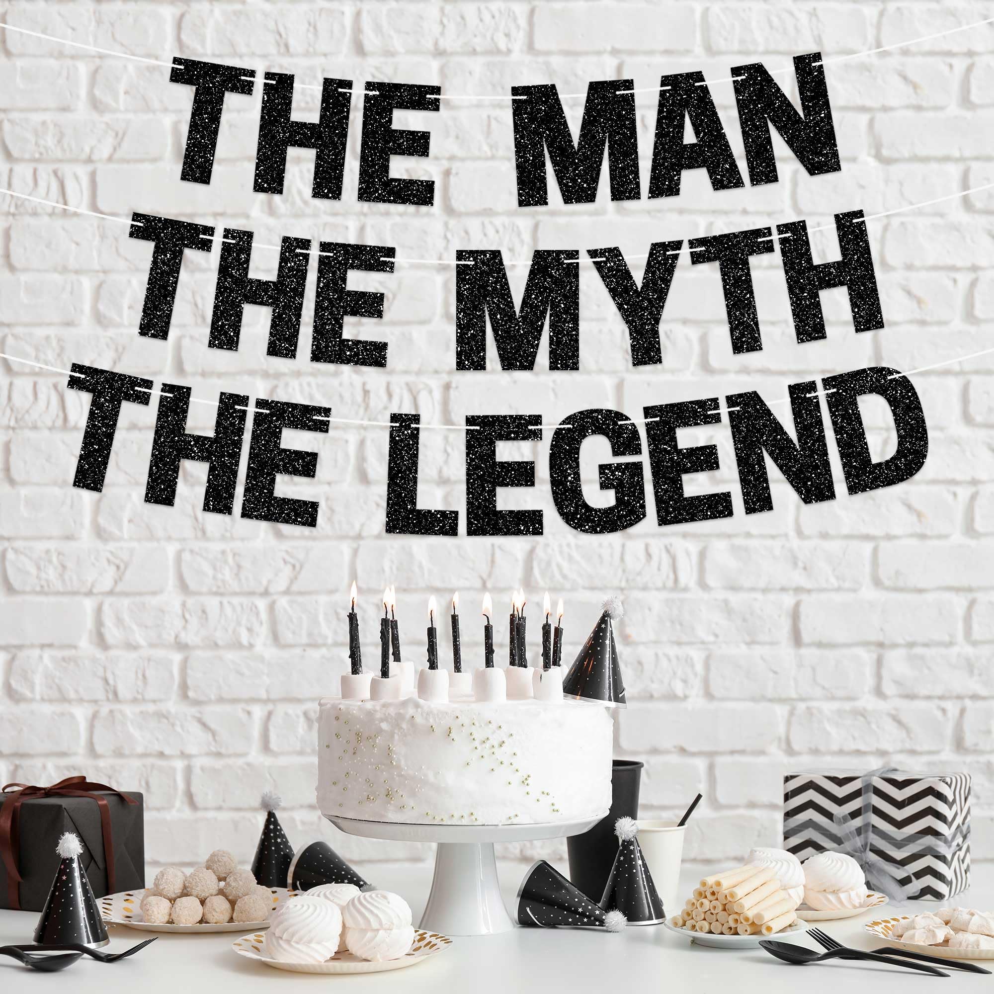 Perfect Occasion The Man The Myth The Legend Banner - Pre-Strung, Black Glitter, Party Decor for Men - 8 ft, Birthday, Fathers Day, Retirement