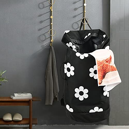 xigua Cute White Daisy Flowers Laundry Bag Drawstring Closure Waterproof Durable Backpack Storage Basket Organization Dirty Clothes Bag Laundry Hamper with Shoulder Straps