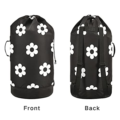 xigua Cute White Daisy Flowers Laundry Bag Drawstring Closure Waterproof Durable Backpack Storage Basket Organization Dirty Clothes Bag Laundry Hamper with Shoulder Straps