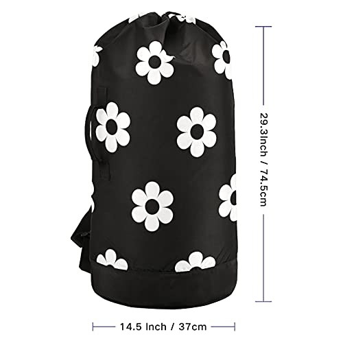 xigua Cute White Daisy Flowers Laundry Bag Drawstring Closure Waterproof Durable Backpack Storage Basket Organization Dirty Clothes Bag Laundry Hamper with Shoulder Straps