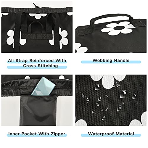 xigua Cute White Daisy Flowers Laundry Bag Drawstring Closure Waterproof Durable Backpack Storage Basket Organization Dirty Clothes Bag Laundry Hamper with Shoulder Straps