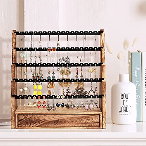 Earring Organizer, 5 Layer Earring Holder Organizer with Metal Necklace Holder Pole, Rustic Wood Jewelry Organizer Stand Display for Stud Earring Bracelet Necklace Ring, 175 Earring Holes (Brown)
