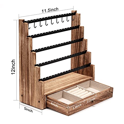 Earring Organizer, 5 Layer Earring Holder Organizer with Metal Necklace Holder Pole, Rustic Wood Jewelry Organizer Stand Display for Stud Earring Bracelet Necklace Ring, 175 Earring Holes (Brown)
