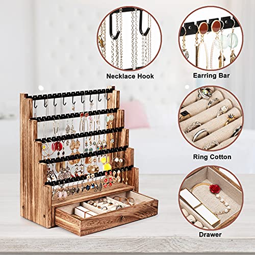 Earring Organizer, 5 Layer Earring Holder Organizer with Metal Necklace Holder Pole, Rustic Wood Jewelry Organizer Stand Display for Stud Earring Bracelet Necklace Ring, 175 Earring Holes (Brown)