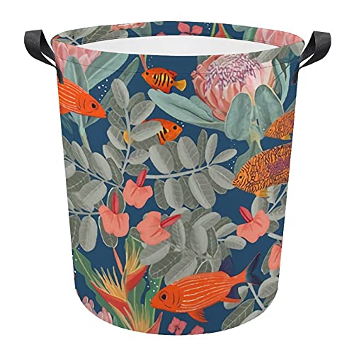 Laundry Basket Tropical Fish And Florals Foldable Laundry Hamper with Handles Collapsible Laundry Bucket for Toy Clothes Book