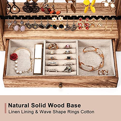 Earring Organizer, 5 Layer Earring Holder Organizer with Metal Necklace Holder Pole, Rustic Wood Jewelry Organizer Stand Display for Stud Earring Bracelet Necklace Ring, 175 Earring Holes (Brown)