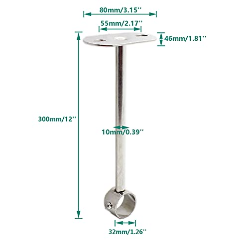 2 Pack Ceiling Mount Bracket, Stainless Steel Wardrobe Pipe Bracket Rod Holder Ceiling Holder, ULIFESTAR Shower Curtain Closet Wardrobe Rod Lever Support Holder Pipe Flange Socket 32x300mm/1.26x12''